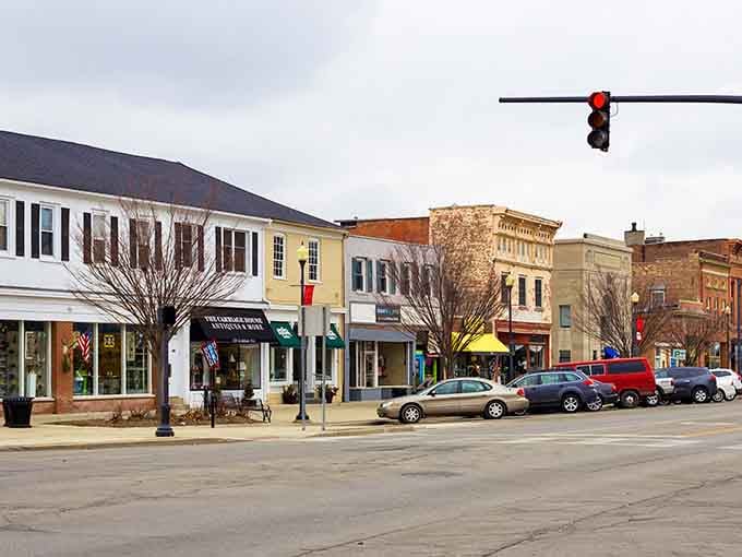 Classic storefronts line up like a Norman Rockwell painting, proving small-town charm never goes out of style.