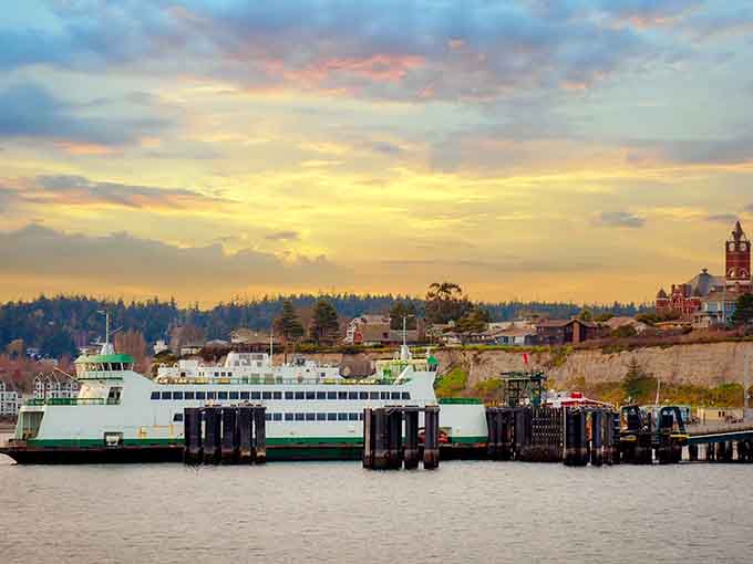 That sunset sky painting the ferry dock in golden light makes Port Townsend look like a watercolor dream.