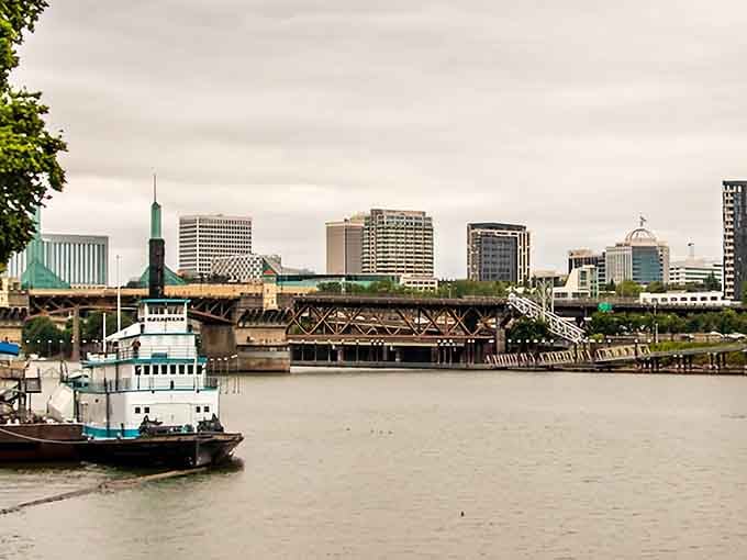 The Willamette River flows past Portland's bridges and buildings, creating a waterfront scene that never gets old.