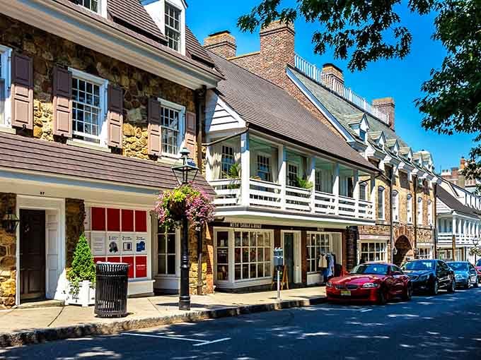 Stone buildings and flower boxes create a streetscape that looks like it wandered off a European postcard.