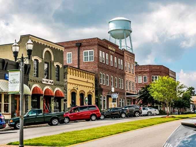That water tower standing guard over brick storefronts is pure small-town poetry in motion.