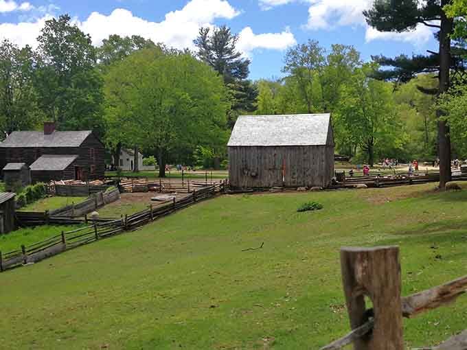 Step into a living postcard where weathered barns and split-rail fences transport you straight to 1830s New England.