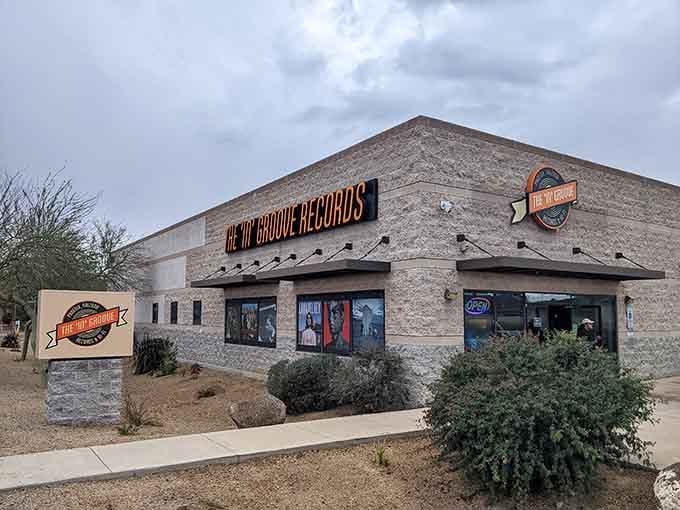 That modern stone facade promises vinyl treasures inside, like a musical fortress protecting decades of sonic history.