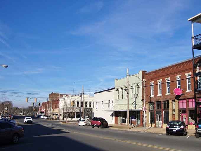 Classic brick storefronts line this peaceful main street where parking spots outnumber the traffic jams.