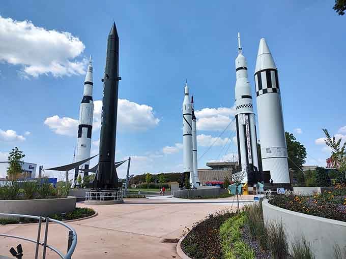 Standing among these towering rockets feels like visiting a science fiction movie set that actually happened in real life.