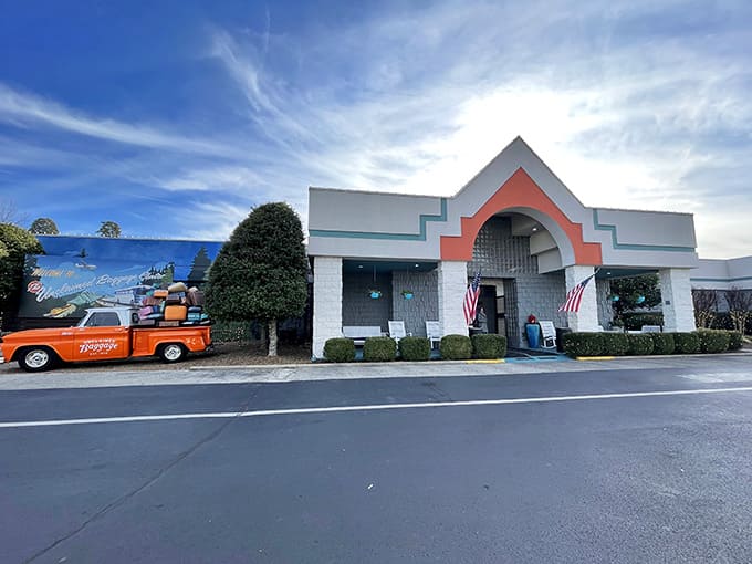 That vintage orange truck parked outside tells you this isn't your typical shopping mall experience.