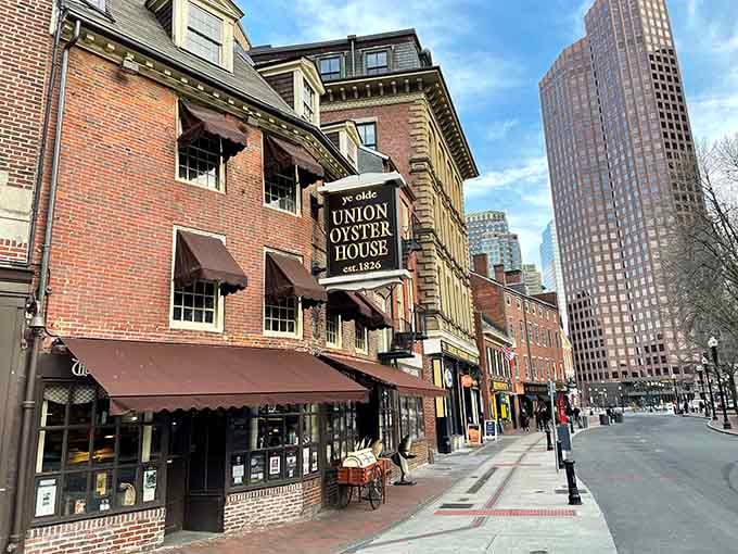 Historic brick buildings meet modern skyscrapers at this legendary seafood spot where history tastes delicious every single day.