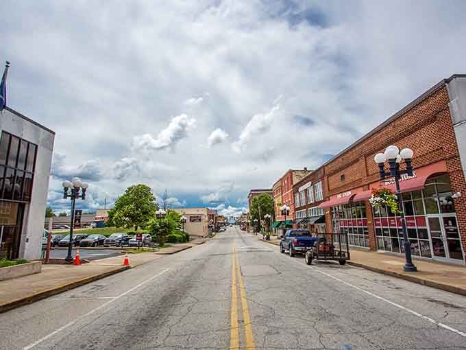 Union's downtown stretches out under dramatic clouds, where historic brick buildings line streets that remember simpler times.