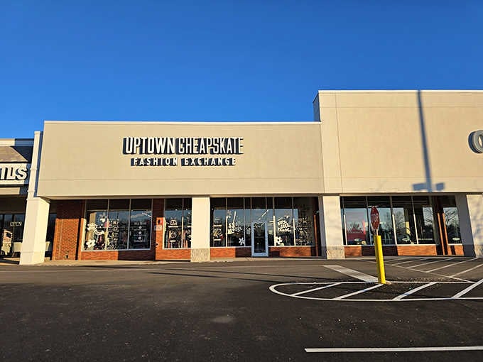 That clean storefront under blue skies promises fashion treasures without the musty basement smell of yesteryear's thrift shops.