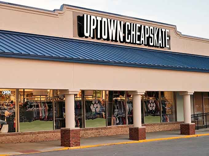 That bold storefront sign promises exactly what thrifty fashionistas crave: trendy clothes without the boutique guilt trip.
