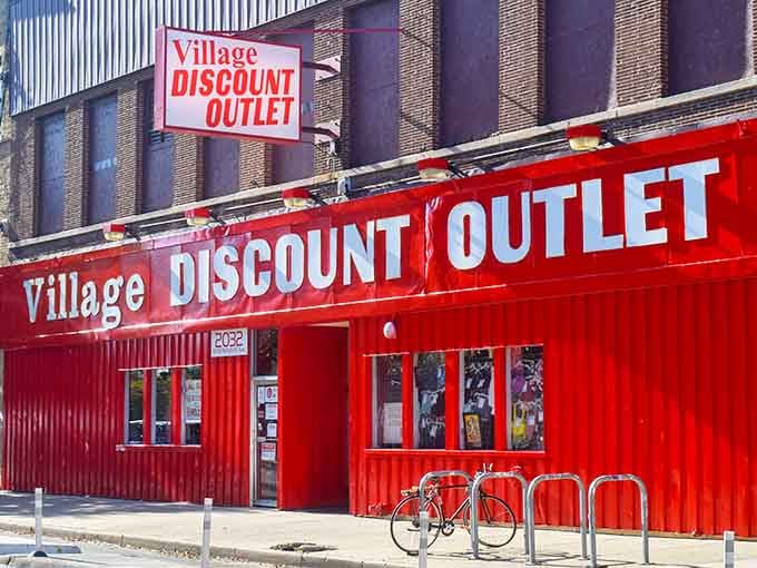 That bold red storefront practically shouts "come find treasures!" and the bike rack suggests smart shoppers arrive ready.