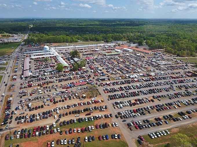 From above, this sprawling parking lot reveals just how many treasure hunters flock here every weekend.