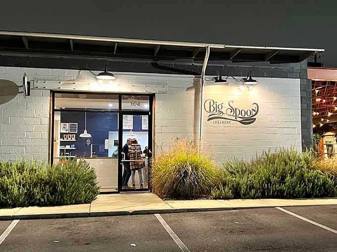 Evening glow illuminates the entrance where sweet dreams are scooped fresh throughout the day and night.