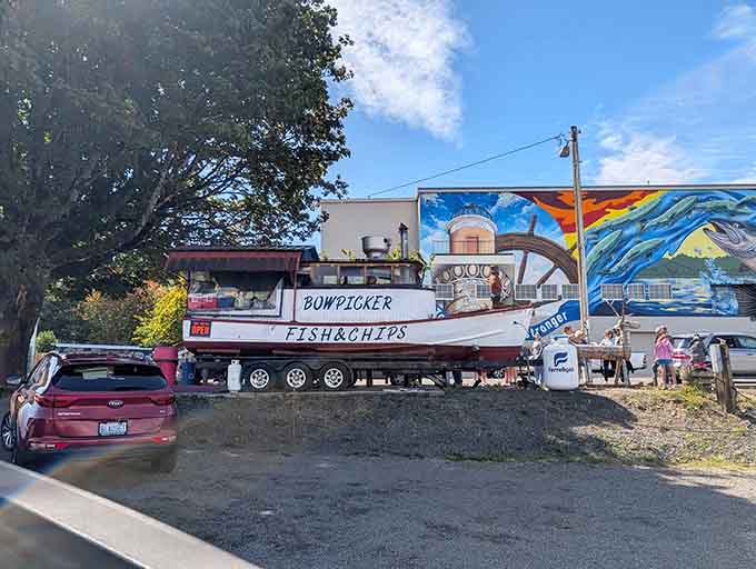 That colorful mural backdrop makes this landlocked vessel look like it's sailing through an artistic ocean of flavor.