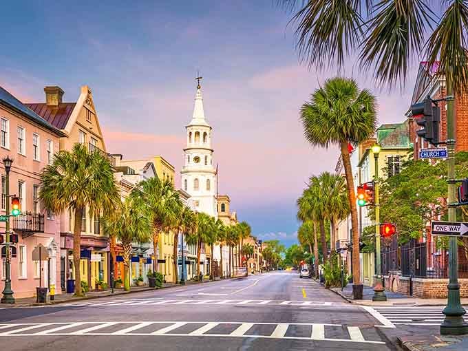 Those pastel buildings and that white steeple create a scene so charming it belongs on a postcard.