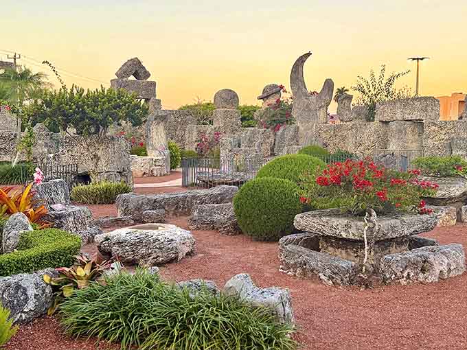 Golden hour bathes the coral garden in warm light, transforming rough stone into something almost magical and timeless.