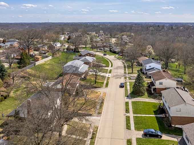 From above, peaceful neighborhoods unfold like a patchwork quilt where everyone actually knows their neighbors' names.