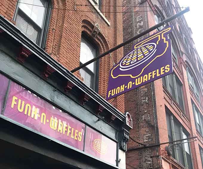 Look up and you'll spot the funky waffle logo hanging proud against Syracuse's historic architecture like a delicious beacon.