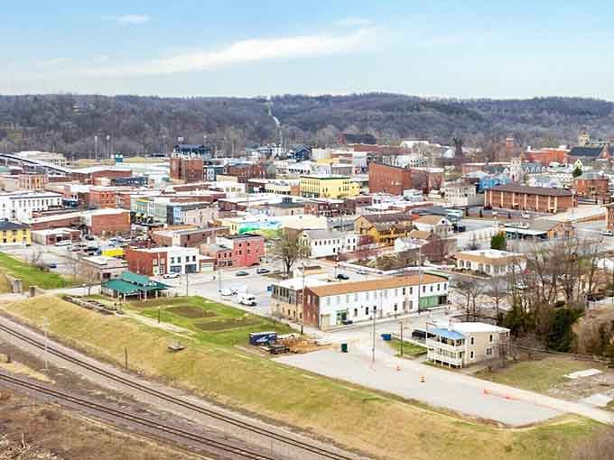 From above, this riverside town spreads out like a patchwork quilt of rooftops and tree-lined streets.