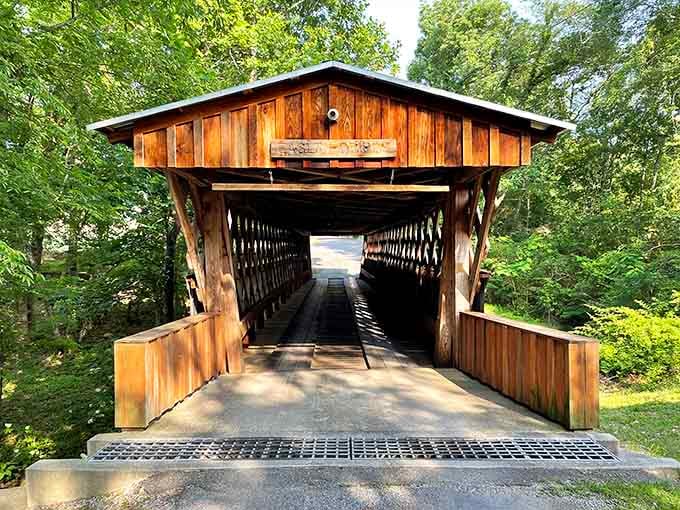 Sunlight dances through the lattice work like nature's own stained glass window at this gorgeous bridge.