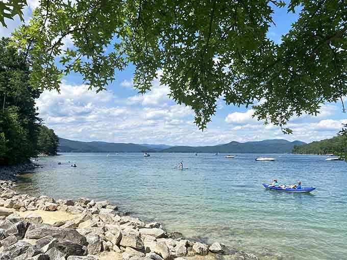 Crystal-clear shallows and a rocky shore make this the perfect spot for kayakers seeking mountain lake magic.