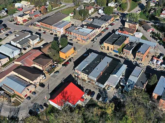 From above, this charming downtown reveals its colorful rooftops like a quilt stitched by time itself.
