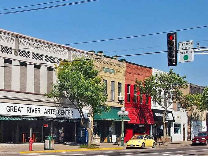That bright red building adds whimsy to downtown, like finding joy in unexpected places.
