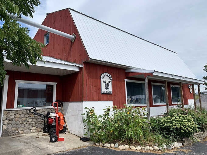 That charming red barn exterior promises homemade goodness, and the milk can out front isn't just for show.