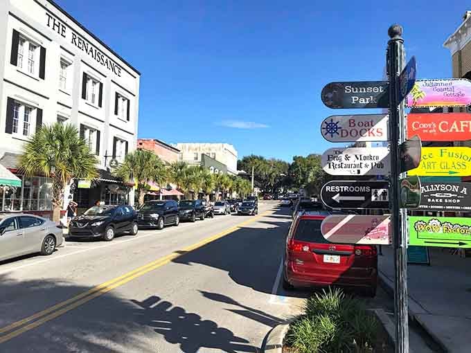 Those colorful directional signs tell you everything's walkable here, which is exactly how small-town exploring should be.