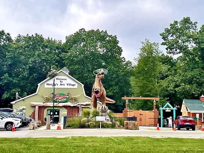 A towering T-Rex greets visitors with open jaws, setting the stage for family fun beyond the doors.