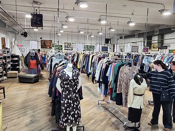 A polka dot dress steals the show while endless racks promise treasures hiding in every colorful corner.