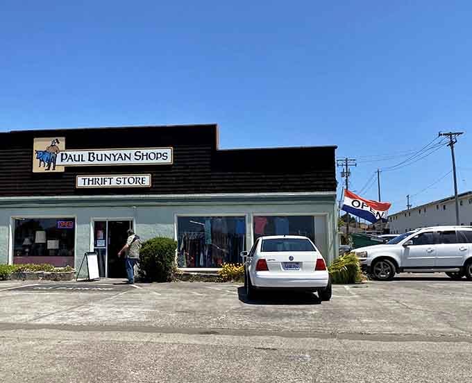 The classic storefront with its cheerful "OPEN" flag makes thrifting feel like a neighborhood adventure.