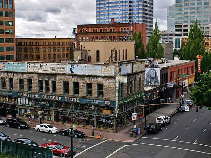 Historic brick buildings meet modern glass towers in Portland, where every street corner tells a different story.