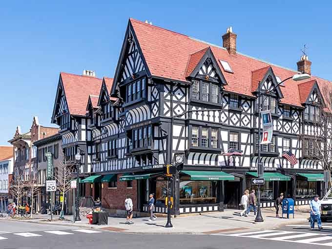 Tudor-style architecture meets modern shopping in this stunning corner that proves history can be incredibly stylish.