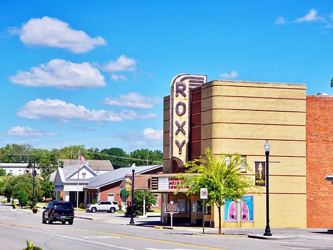 That vintage Roxy Theatre marquee stands proud, reminding you when entertainment didn't require a streaming subscription.