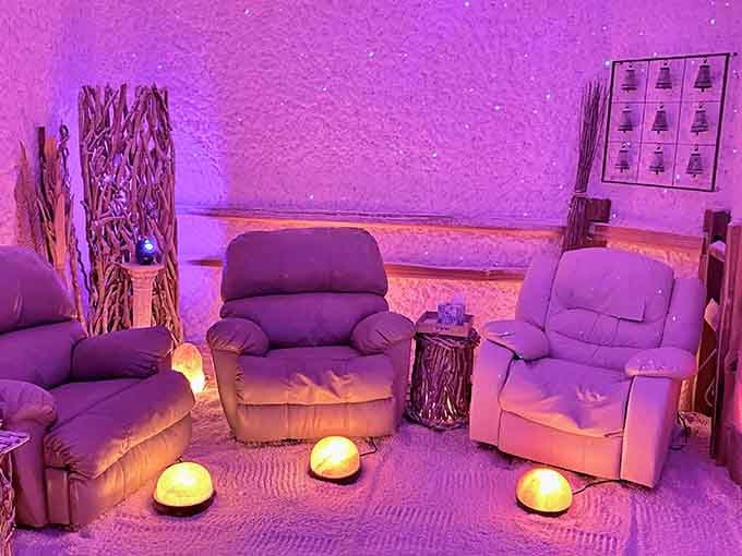Salt-covered floors and cozy seating make this look like a spa designed by someone who really gets relaxation.