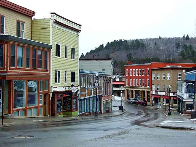 When the clouds roll in over these colorful storefronts, the whole town feels like a cozy embrace.