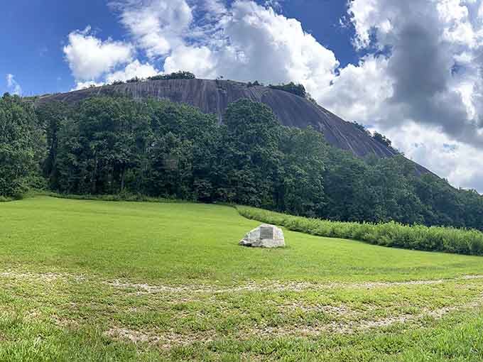 The rolling meadow and towering rock create a scene so peaceful, you'll forget your phone exists for a moment.