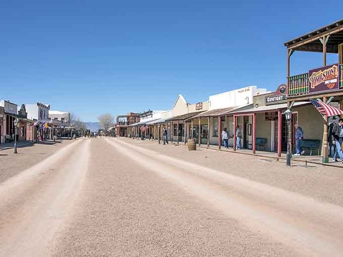 This dusty main street stretches wide and welcoming, where wooden sidewalks still creak with stories from the 1880s.