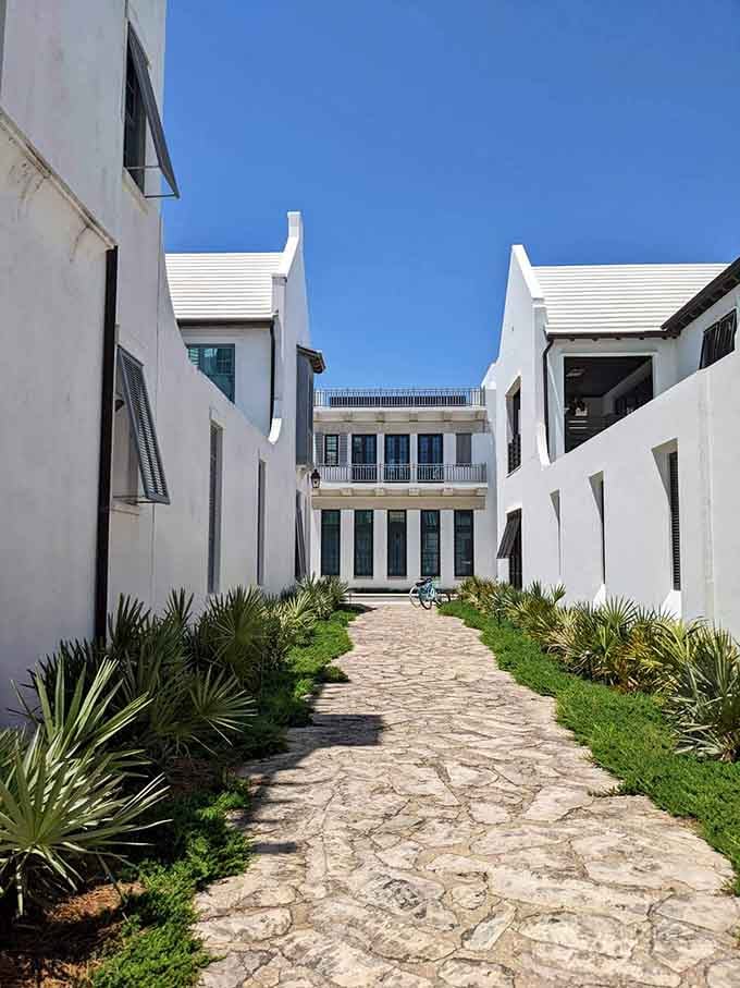 Wandering these pristine pathways feels like you've stumbled onto a movie set where everything is impossibly, perfectly white.