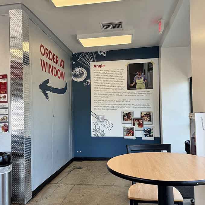 The nautical blue walls and Angie's story displayed proudly remind you that passion matters more than polish.