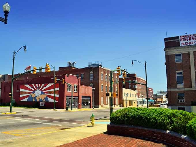 Noble Street's colorful buildings remind you that small-town charm doesn't have to mean boring beige everything.