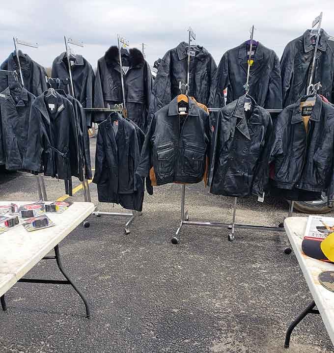 Rows of leather jackets hang like a motorcycle gang's wardrobe sale, minus the intimidating stares and engine revving.