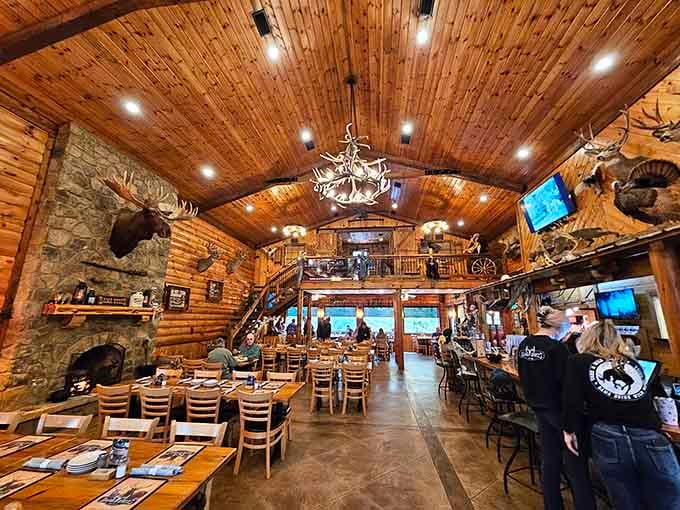 Cathedral ceilings, mounted trophies, and timber everywhere create an atmosphere that's equal parts impressive and inviting.
