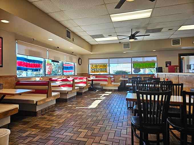 Red vinyl booths and herringbone tile floors create an atmosphere where Eisenhower would feel right at home.