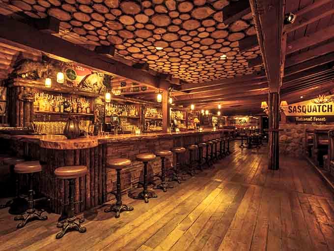Step inside and suddenly you're in a Pacific Northwest fever dream, complete with log-slice ceiling and rustic charm galore.