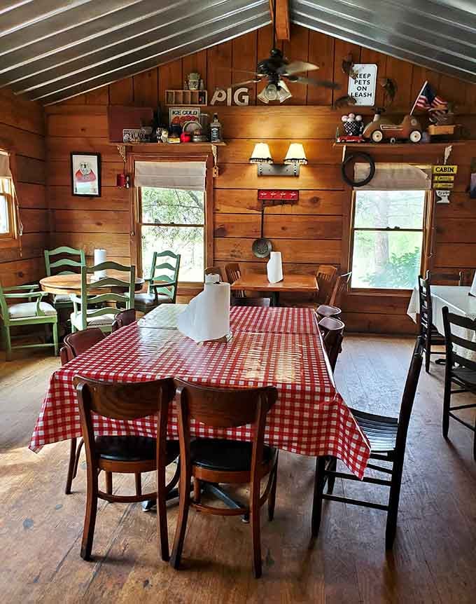 Red checkered tablecloths and wood paneling create the kind of cozy atmosphere where calories don't count.