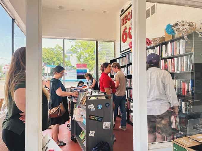 Inside this former service station, people browse shelves instead of buying motor oil and questionable hot dogs.