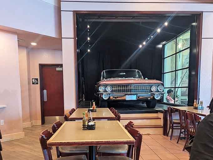 When a classic Cadillac becomes your dining companion, you know breakfast is about to get seriously interesting.