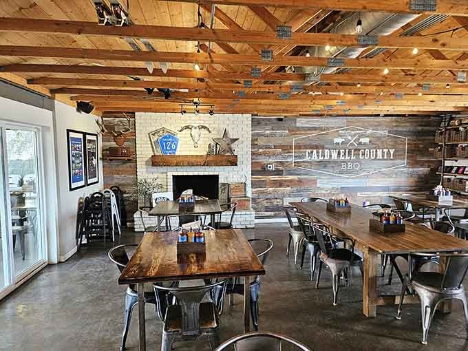 Reclaimed wood and rustic charm create the perfect setting where flip-flops and cowboy boots are equally welcome at the table.